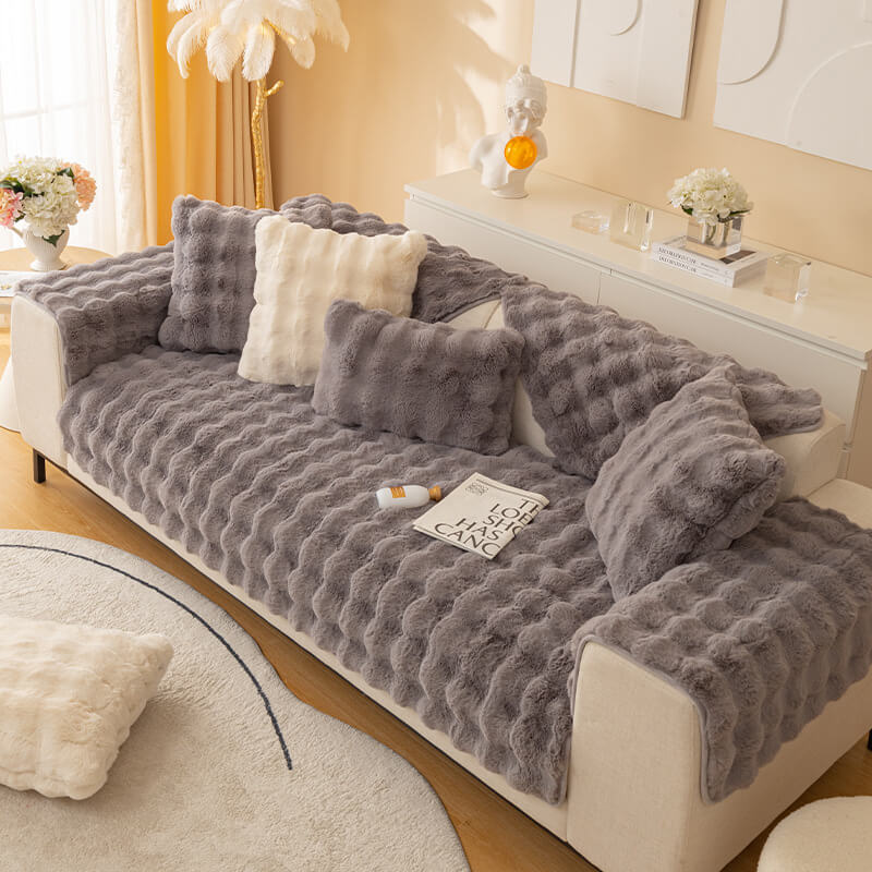 Thick Rabbit Plush Sofa Covers, Non Slip Couch Cover, Soft Shaggy ...