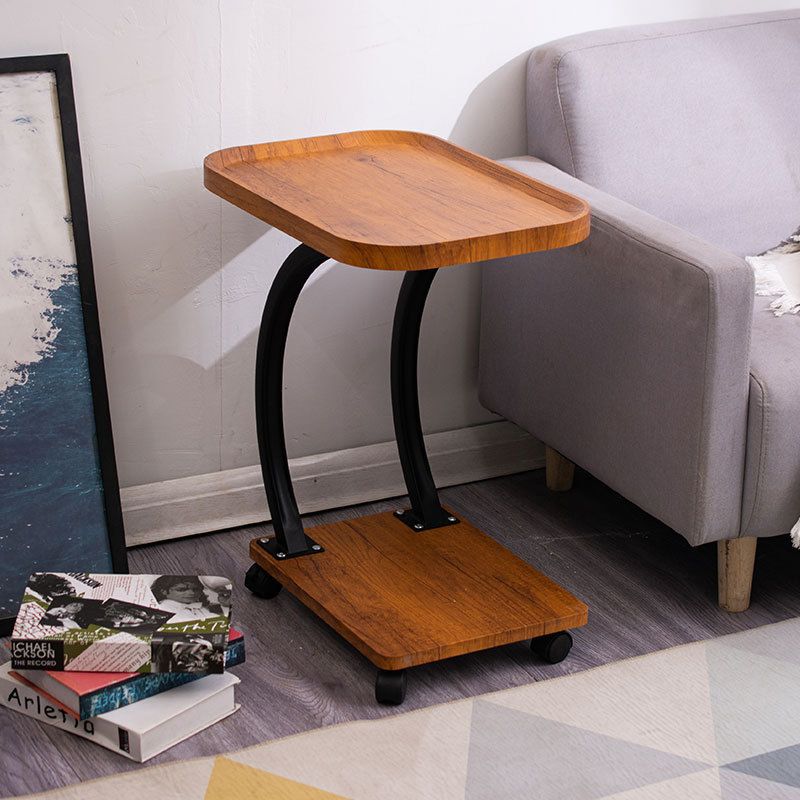 2 Tier Small C Shaped Sofa Side Table with Rolling, Wood Beside Table ...